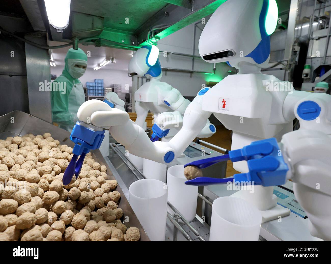 Foodly, AI robots pick up grilled chicken meatballs and put them into a ...