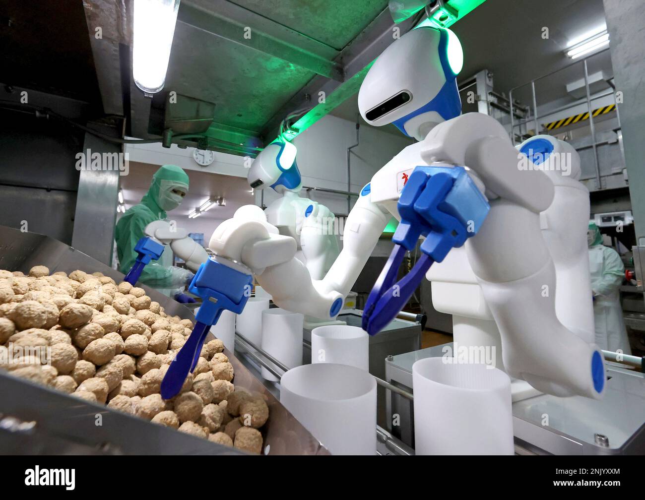Foodly, AI robots pick up grilled chicken meatballs and put them into a ...