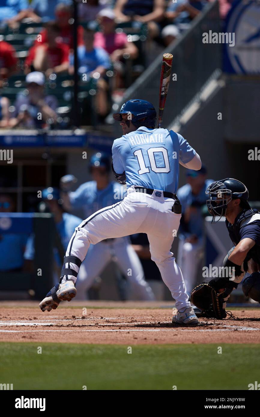 Mac Horvath (10) of the North Carolina Tar Heels at bat against the ...