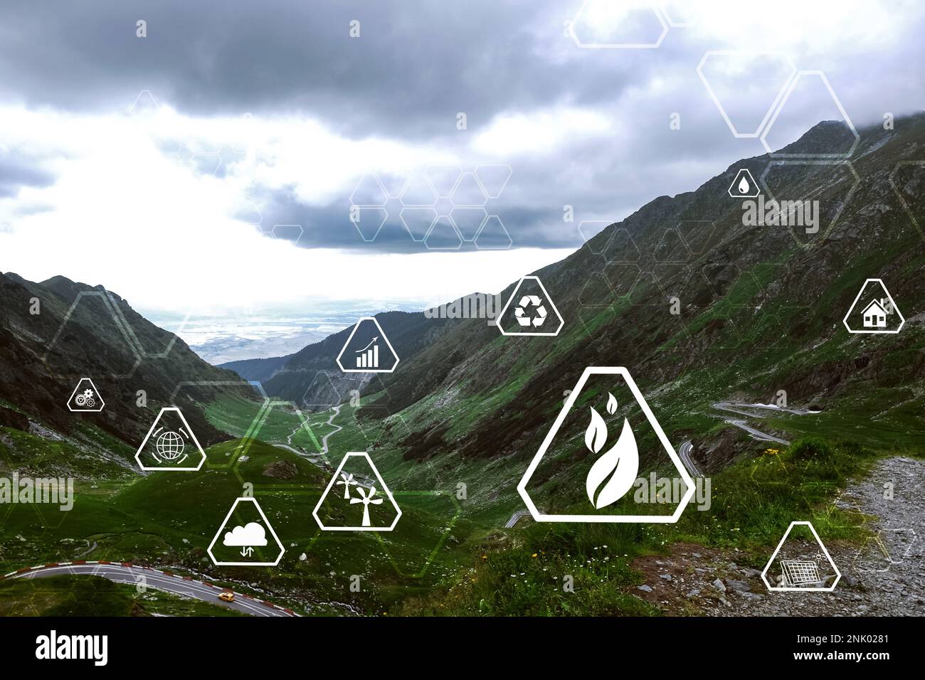 Digital eco icons and beautiful mountains on cloudy day Stock Photo - Alamy