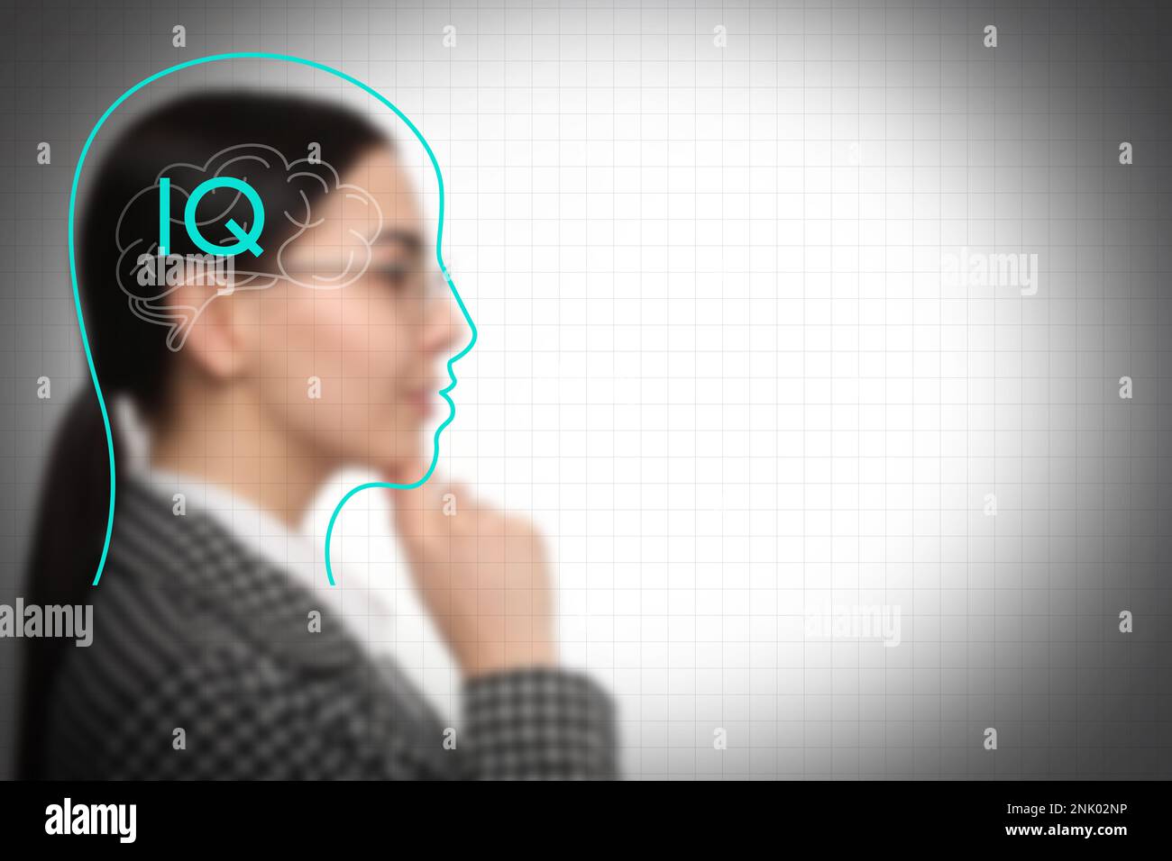 Illustrated head with brain and blurred view of woman on light ...