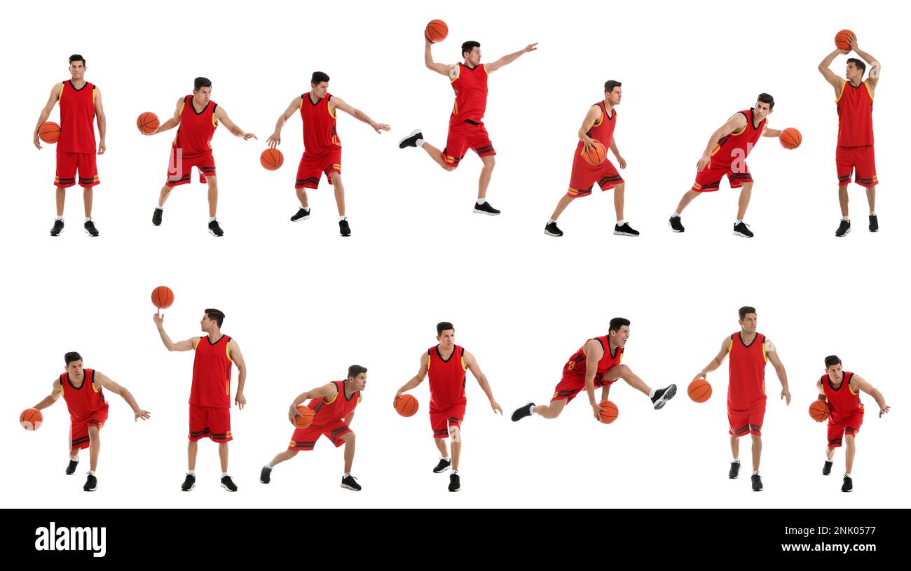 Professional sportsman playing basketball on white background, collage ...