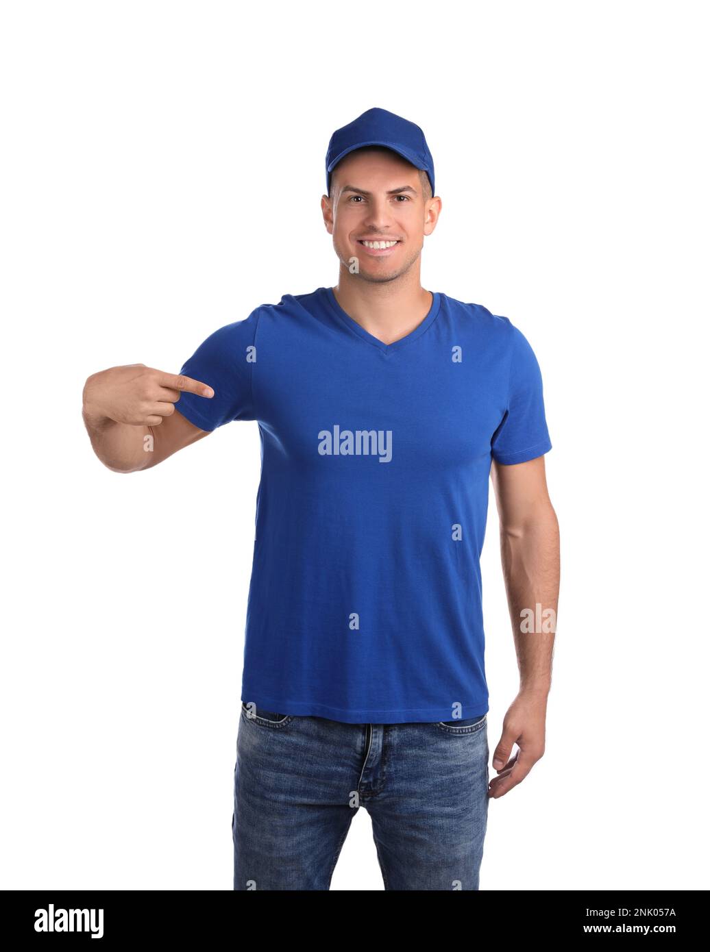 Happy man in blue cap and tshirt on white background. Mockup for design ...