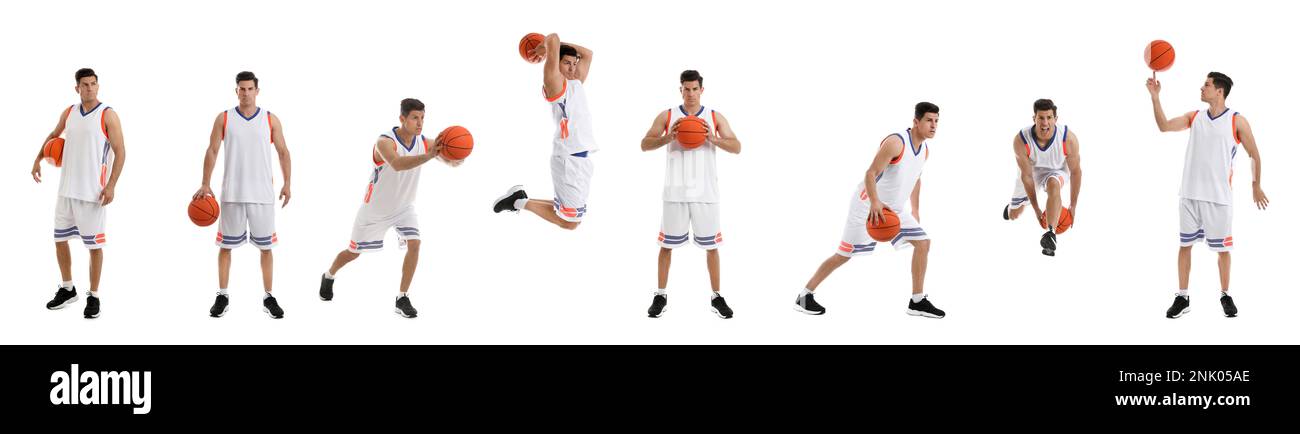 Professional sportsman playing basketball on white background, collage ...