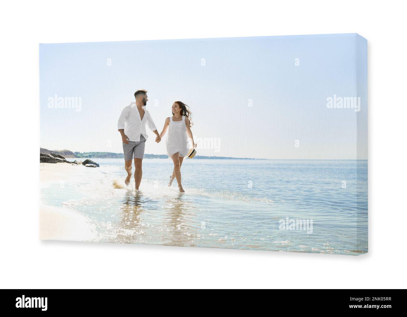 Photo printed on canvas, white background. Happy young couple running ...