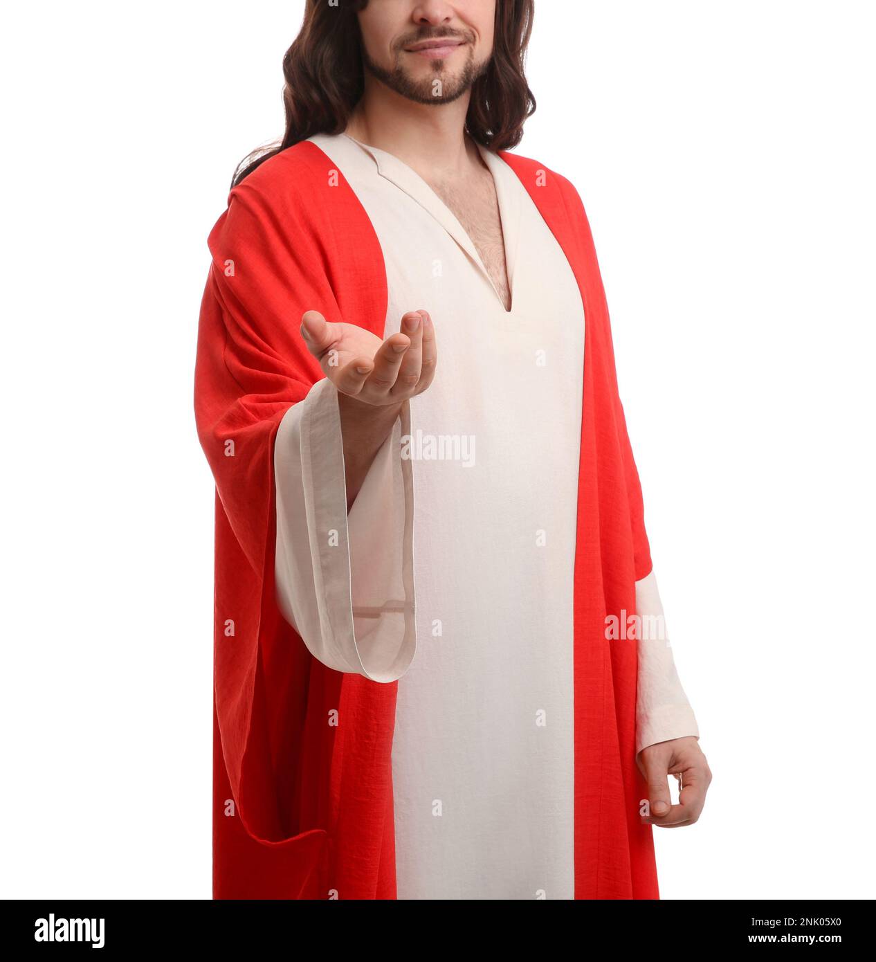 Jesus Christ reaching out his hand on white background, closeup Stock ...