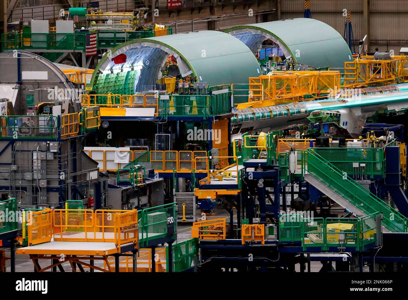 Two fuselage sections of a Boeing 777 freighter are seen at Boeing's ...