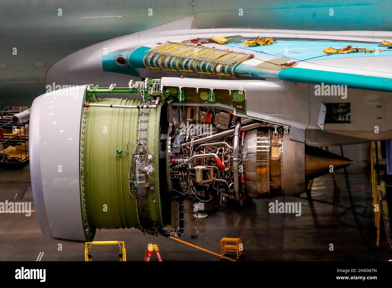 An exposed engine of a Boeing 777 freighter is seen at Boeing's Everett ...
