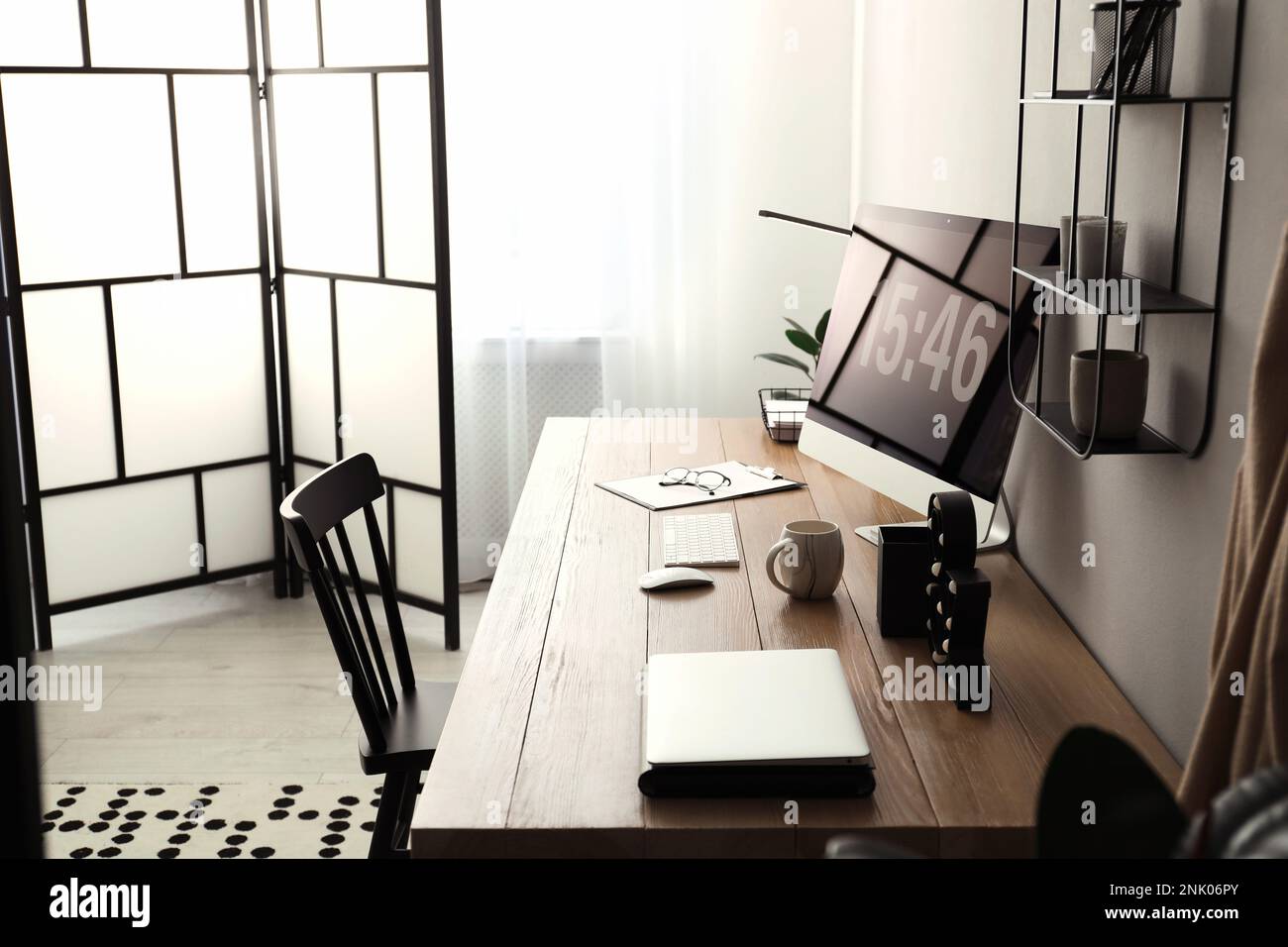Modern workplace with computer in room. Interior design Stock Photo - Alamy