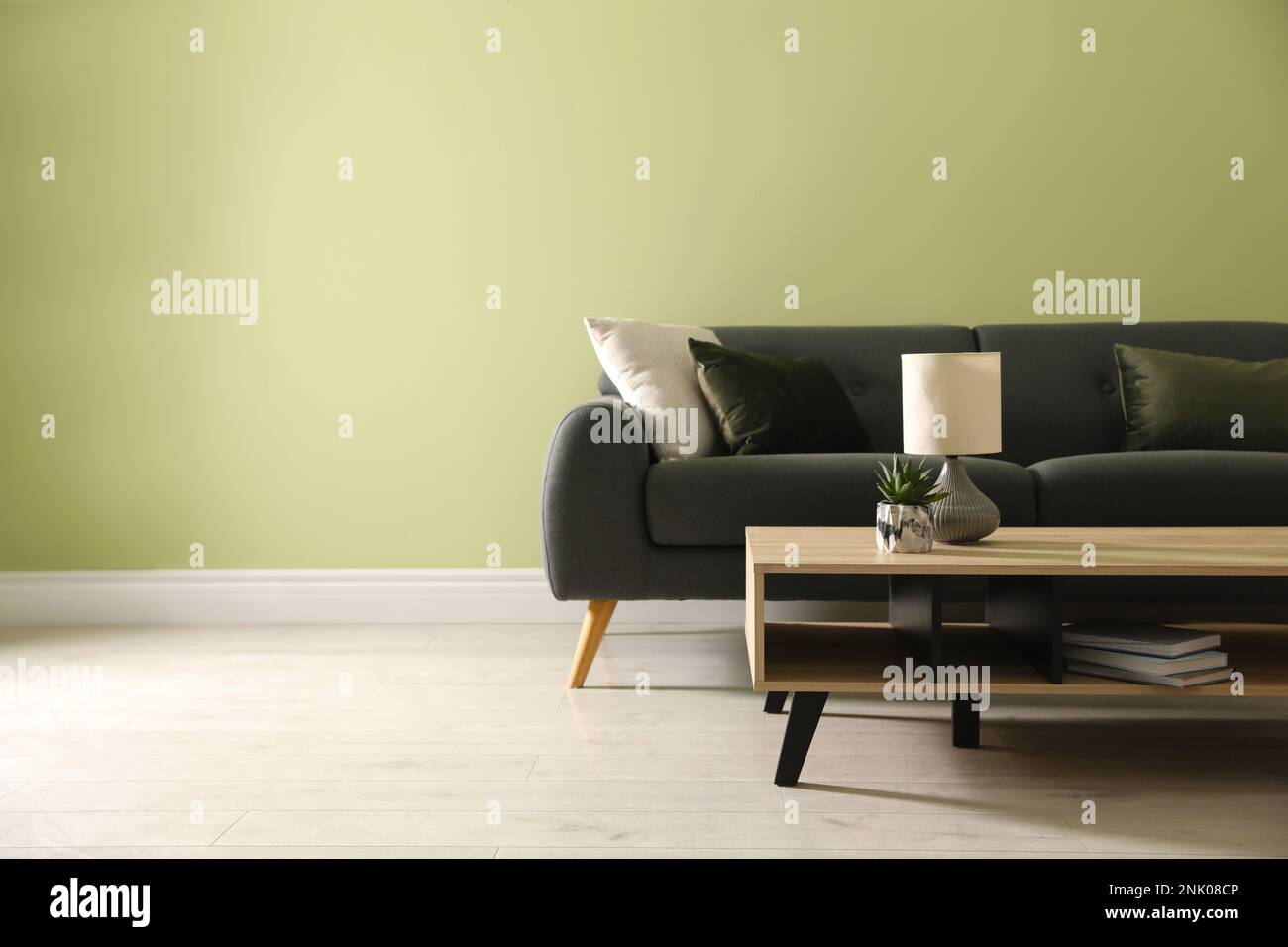 Stylish comfortable sofa in room, space for text. Interior design Stock ...