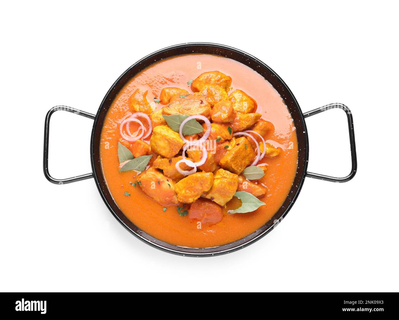Delicious chicken curry in pan on white background, top view Stock ...