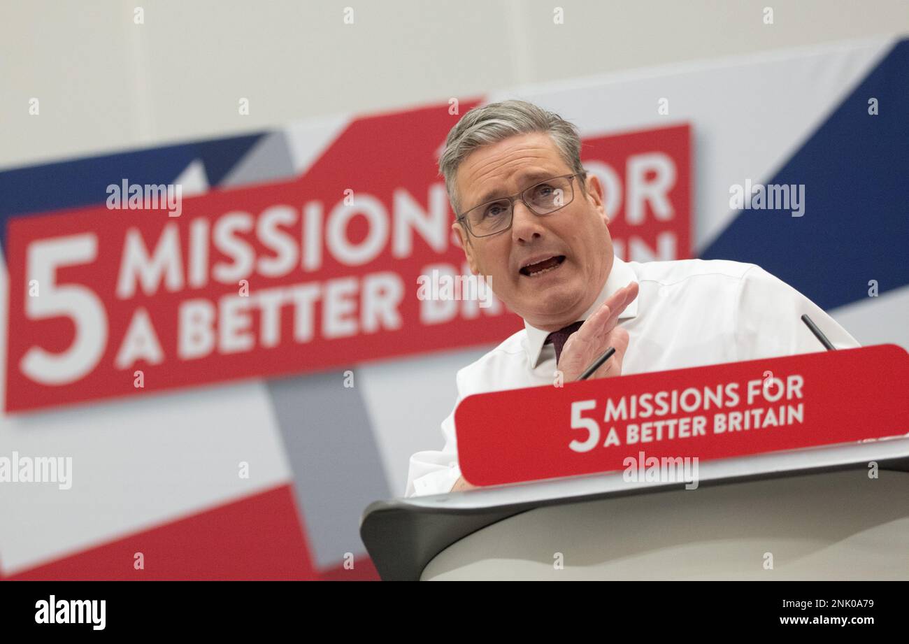Manchester, UK. February 23rd, 2023. Keir Starmer launches five bold missions for a better ...