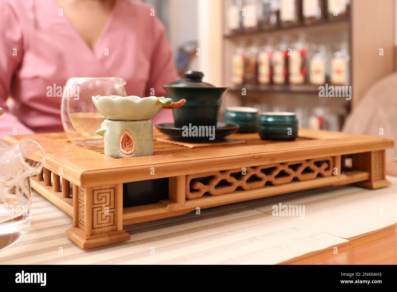 Traditional tea ceremony. Master near tools and tray, closeup Stock ...
