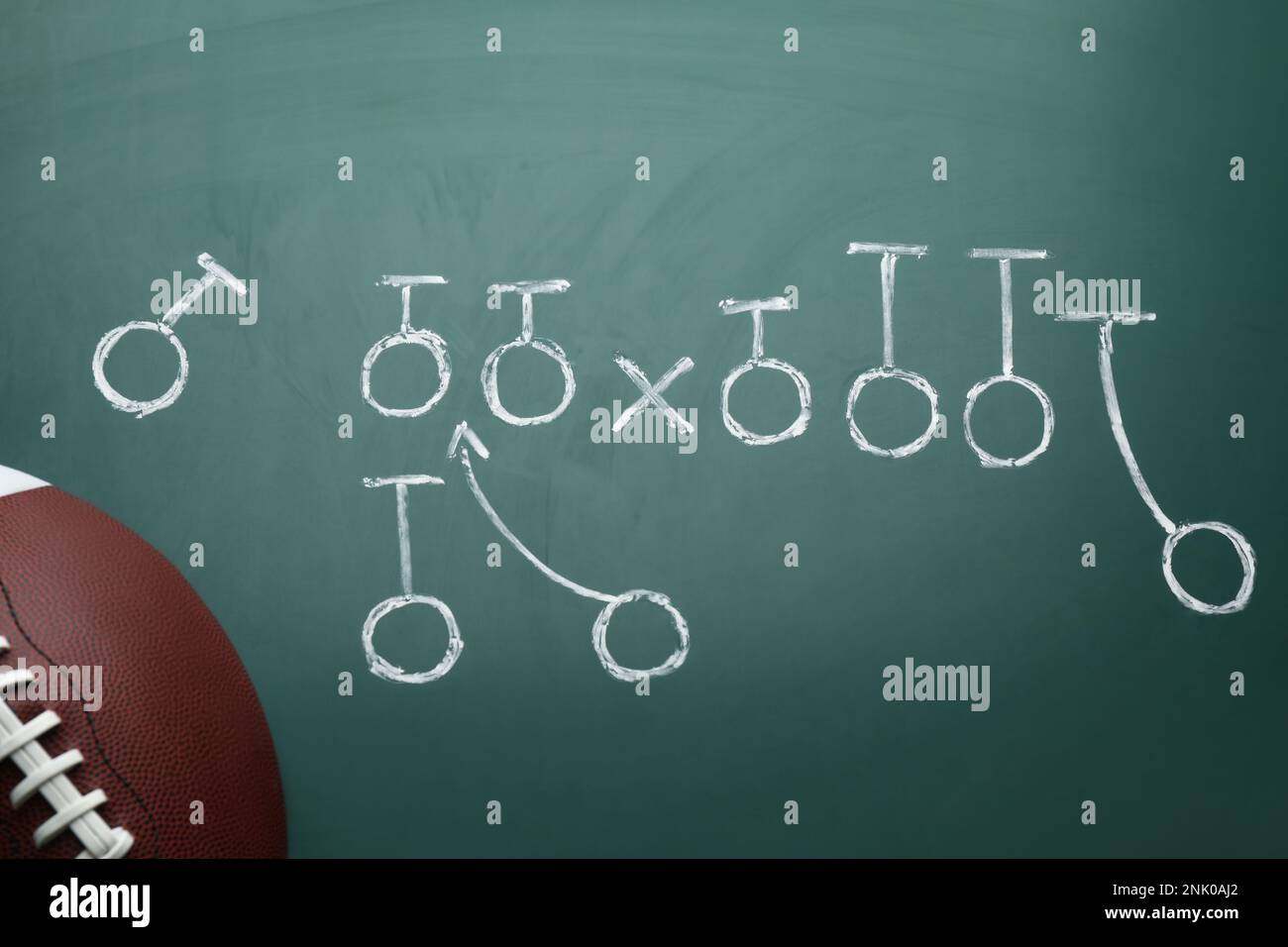 Rugby ball and drawn American football strategy game on green ...