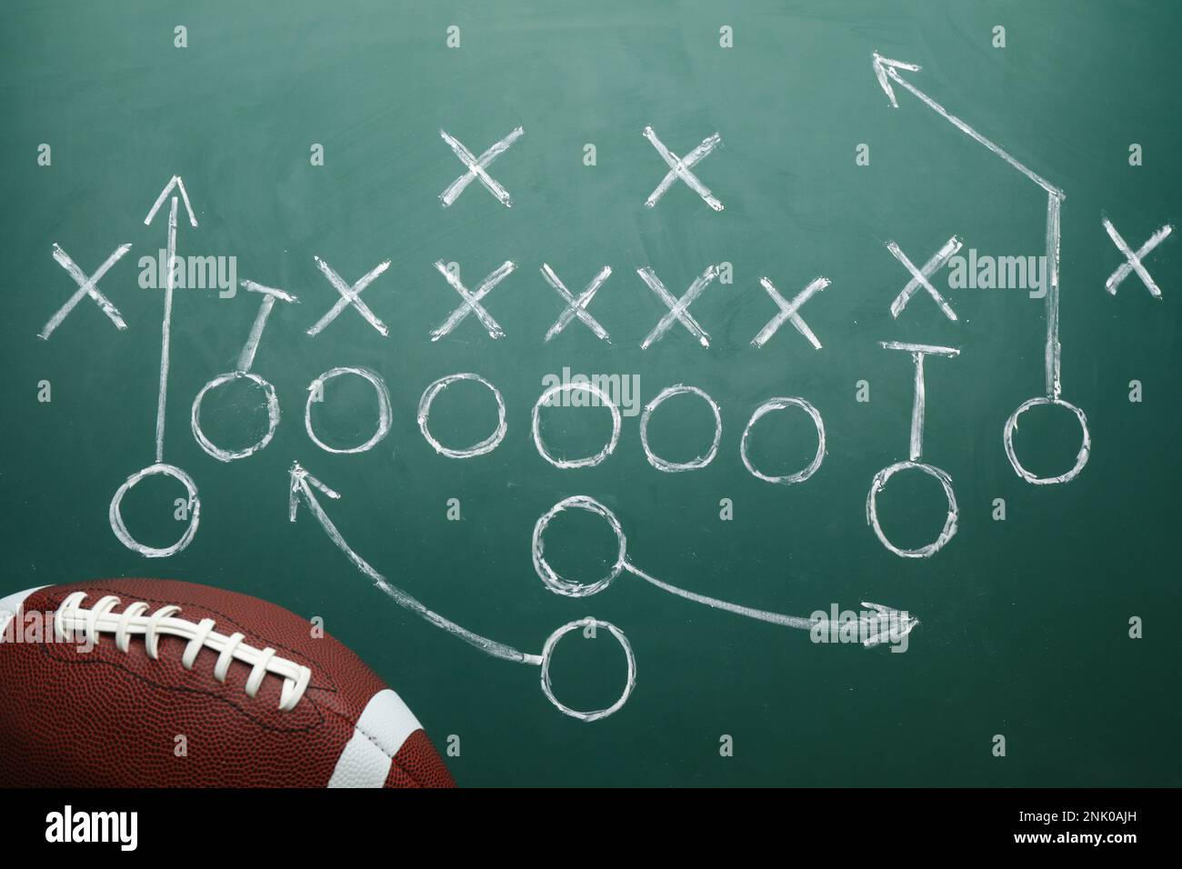 Rugby ball and drawn American football strategy game on green ...