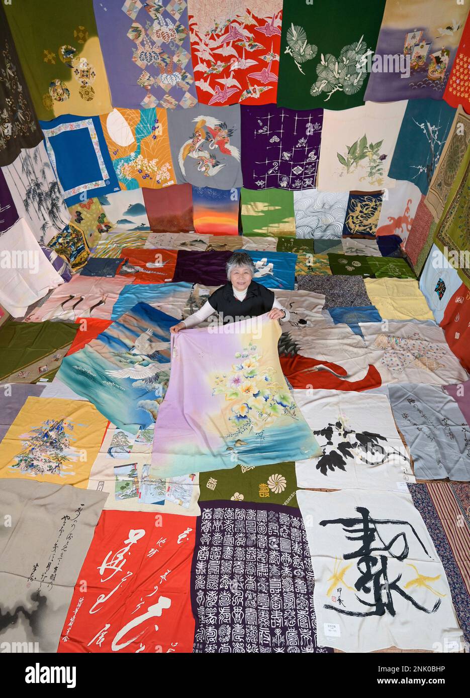 Chizuko Morita, furoshiki (cloth wrapper) artist, shows her hand-made ...