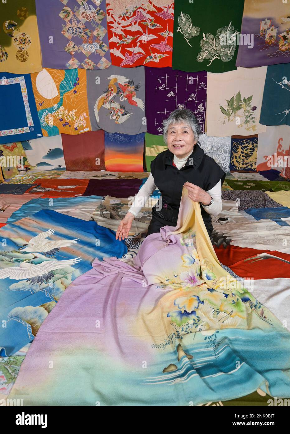 Chizuko Morita, furoshiki (cloth wrapper) artist, shows her hand-made ...