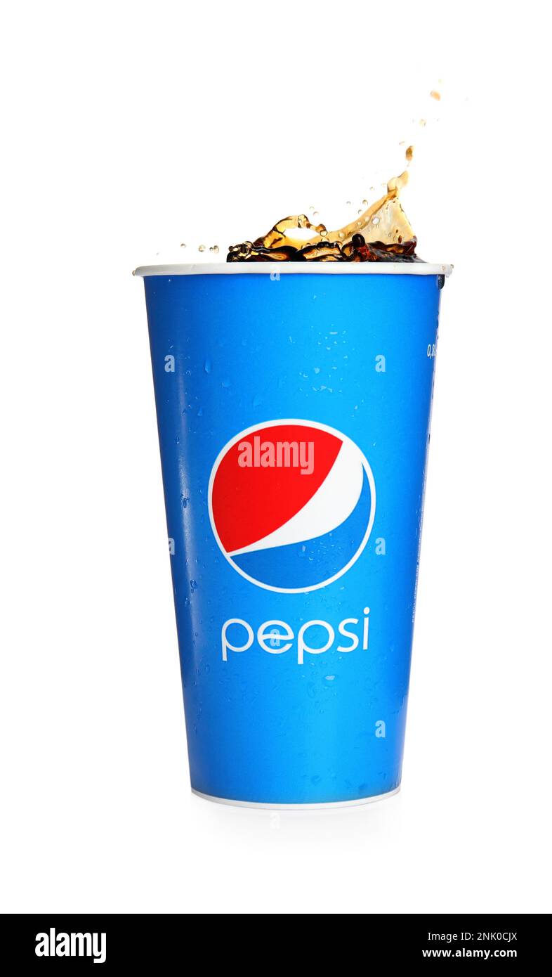 MYKOLAIV, UKRAINE - JUNE 9, 2021: Pepsi splashing out of paper cup ...