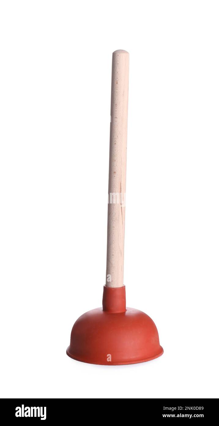 Plunger with wooden handle isolated on white. Pipe cleaning tool Stock ...