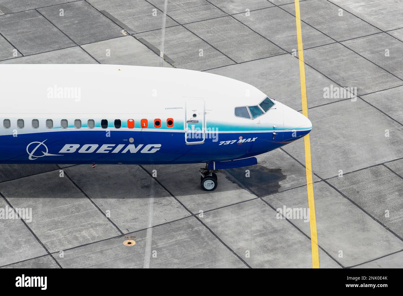 A Boeing 737-10 flight test airplane sits on the tarmac outside Boeing ...