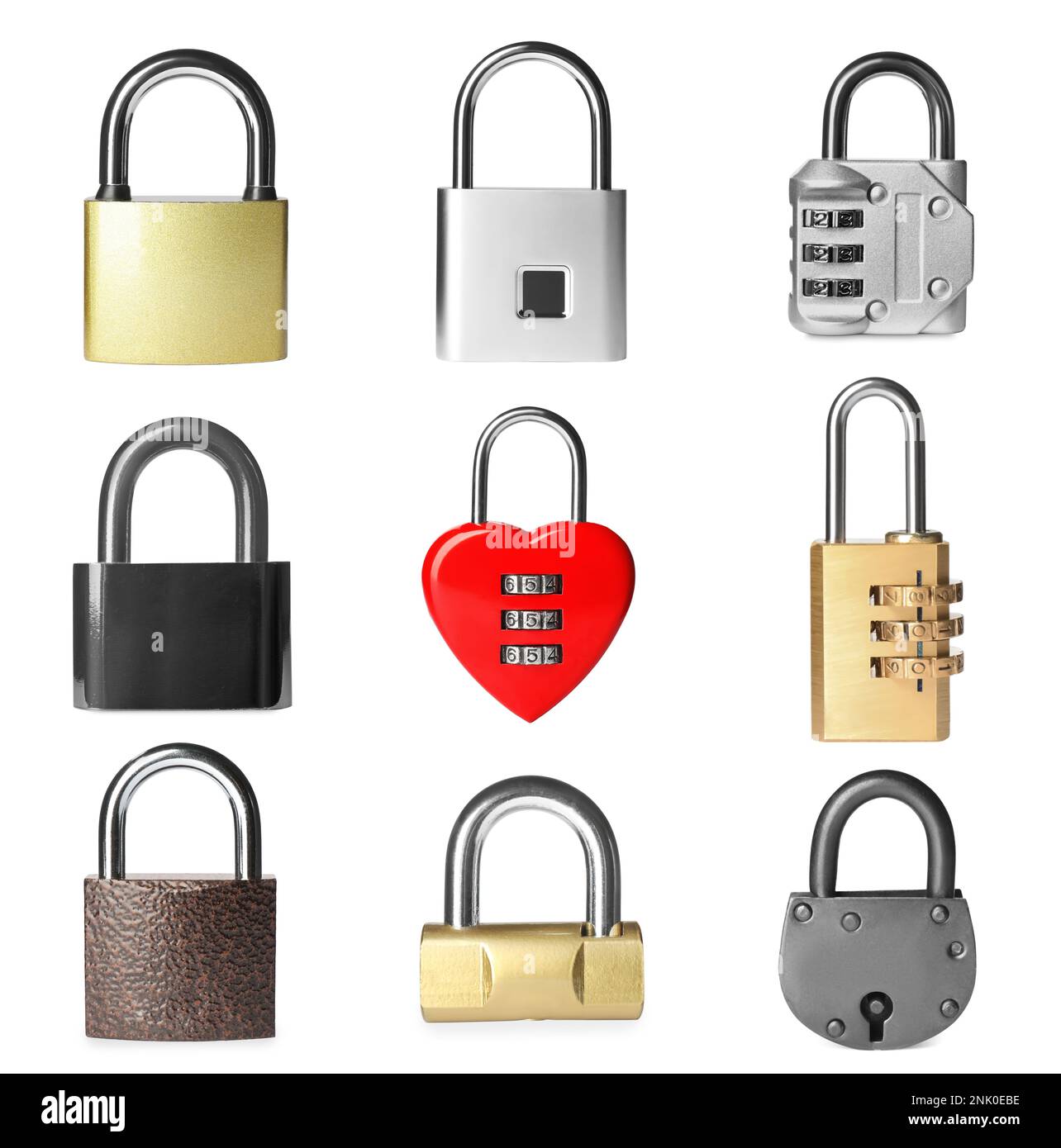 Set with different metal padlocks on white background Stock Photo - Alamy