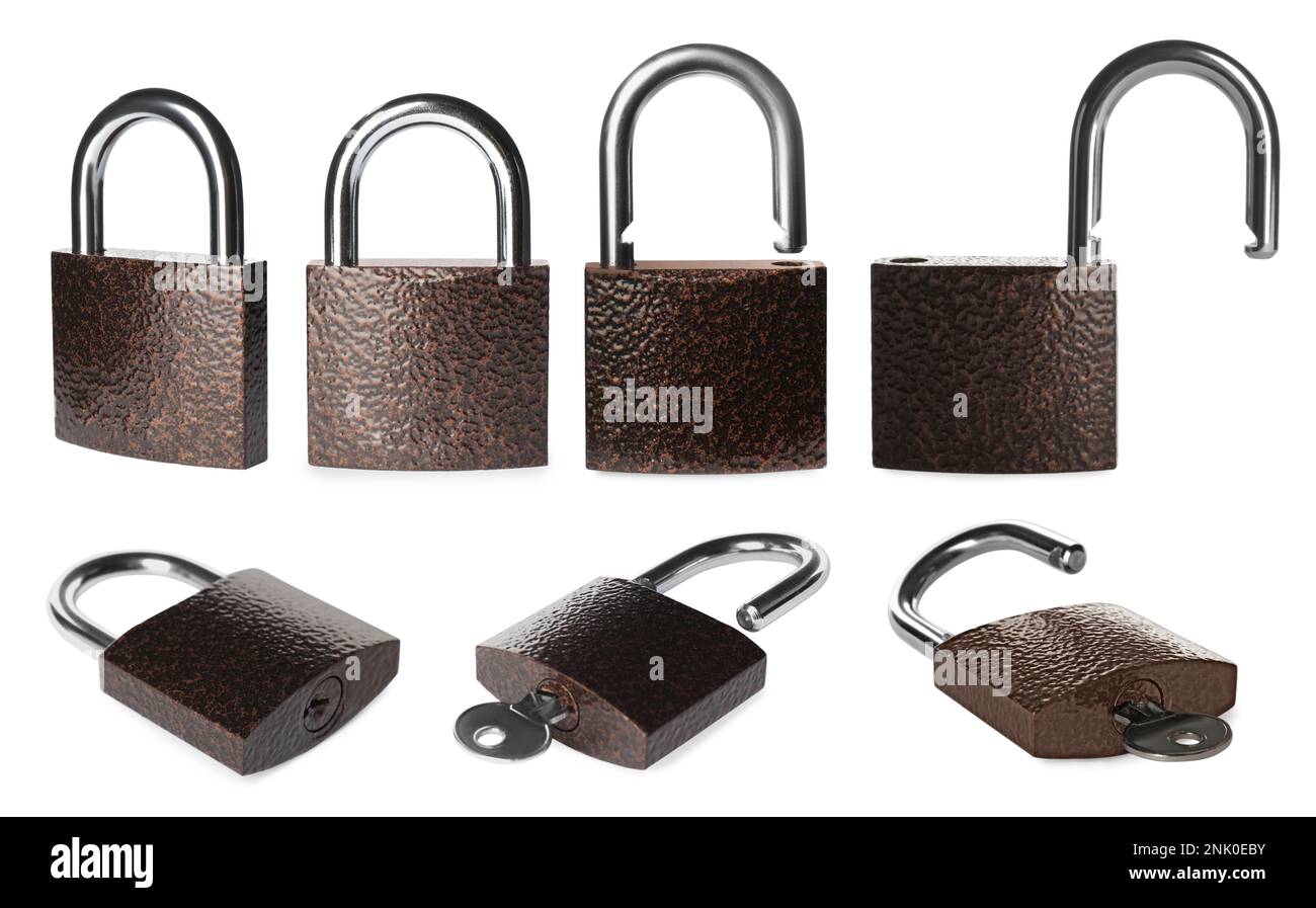 Set with metal padlocks on white background Stock Photo - Alamy