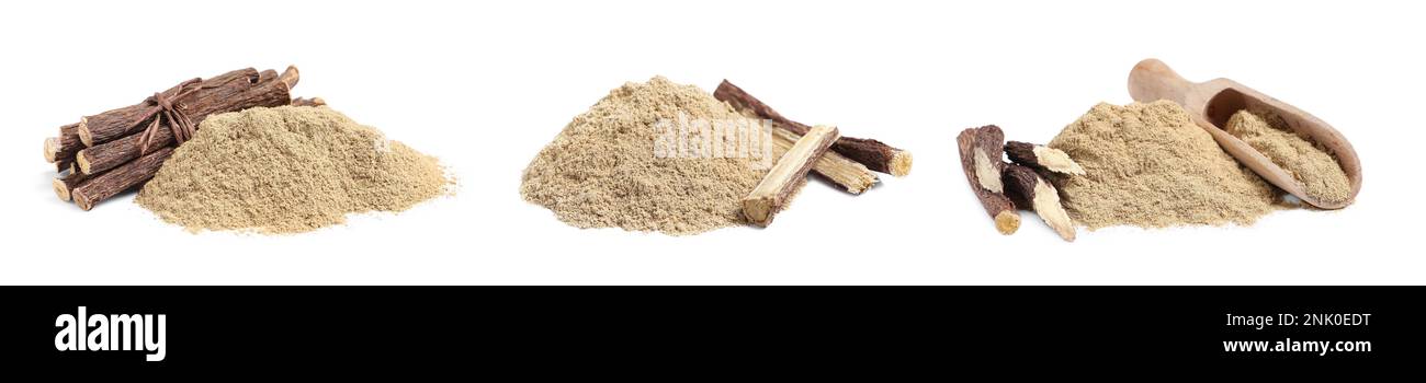 Set with dried sticks of liquorice root and powder on white background ...