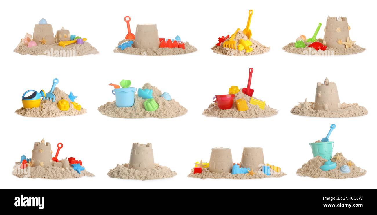 Plastic beach toys on piles of sand against white background, collage ...