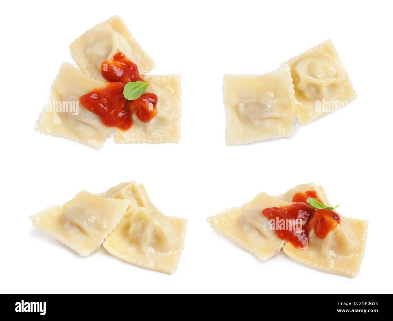Set of tasty ravioli with tomato sauce on white background Stock Photo ...