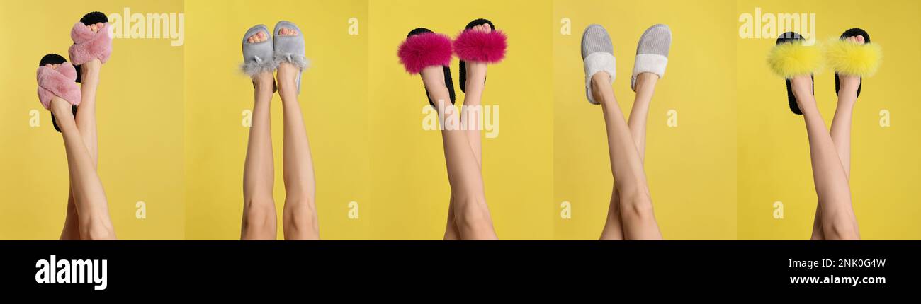 Collage with photos of women wearing stylish slippers on yellow ...