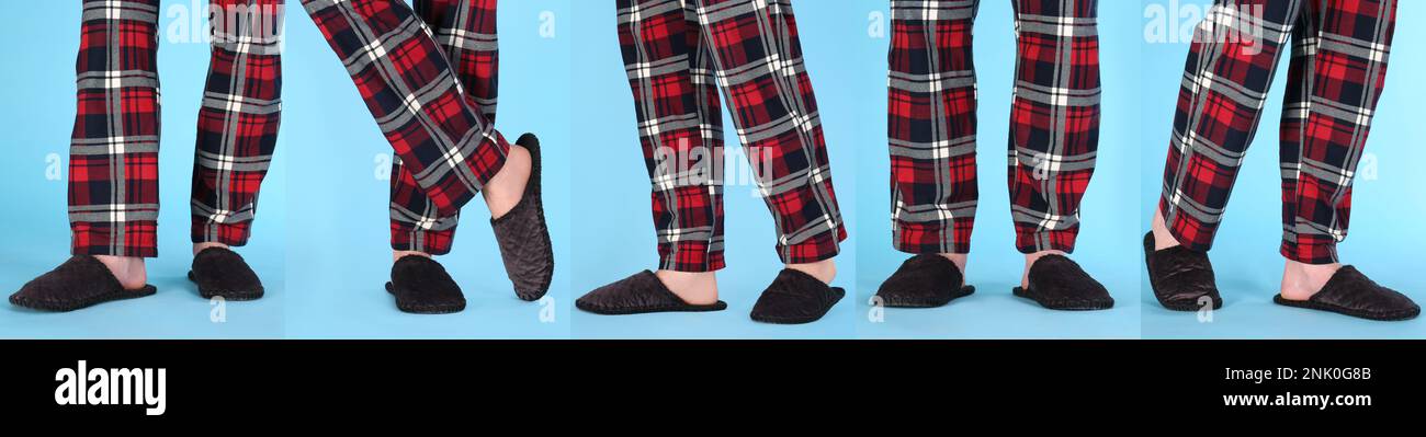 Collage with photos of men wearing stylish slippers on blue background ...
