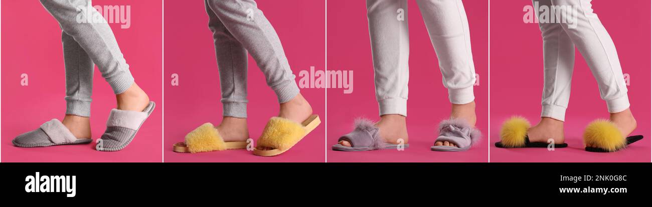 Collage with photos of women wearing stylish slippers on pink ...