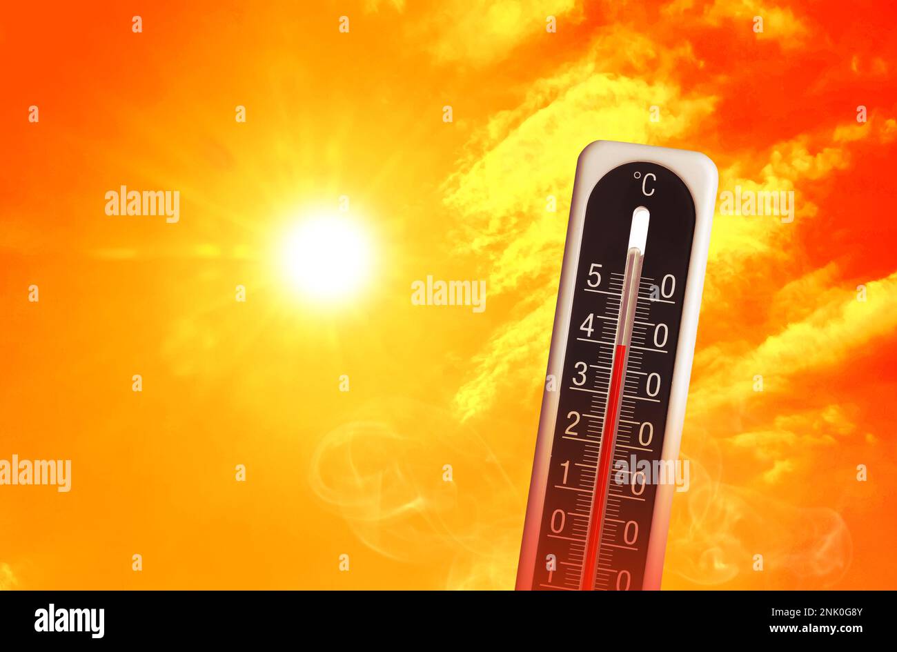 Weather thermometer with high temperature outdoors on hot sunny day ...