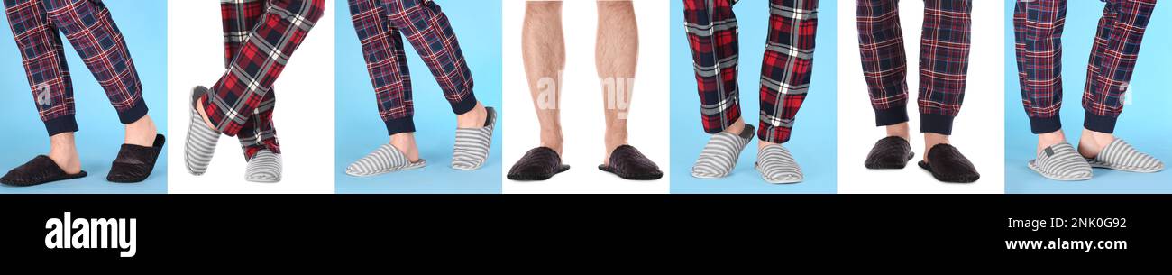 Collage with photos of men wearing stylish slippers on different color ...