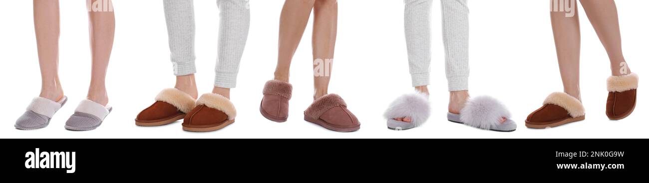 Collage with photos of women wearing stylish slippers on white ...
