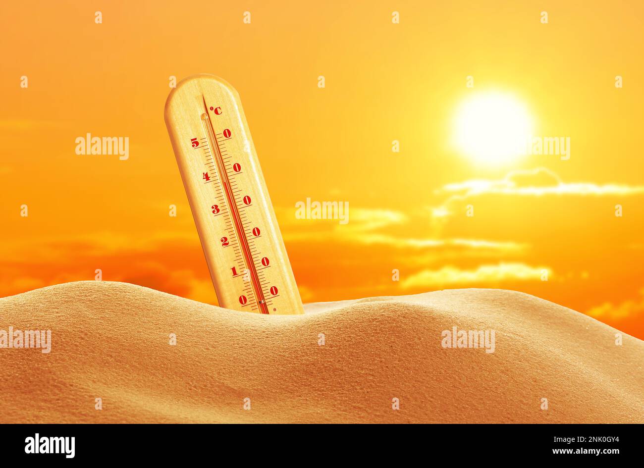 Weather thermometer with high temperature outdoors on hot sunny day ...