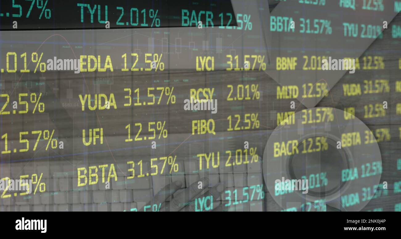 Image of data processing and stock market over hand using computer and ...