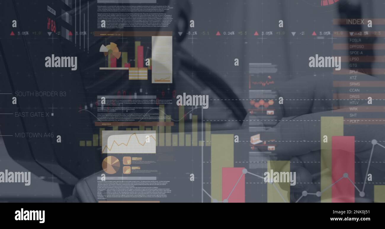Statistical data processing against close up of person making payment ...