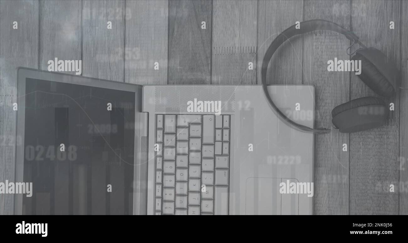 Image of data processing over laptop and headphones Stock Photo - Alamy