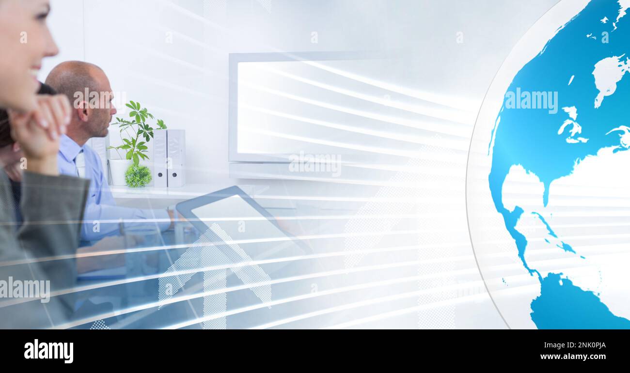 Composition of happy diverse business team in meeting over interface ...