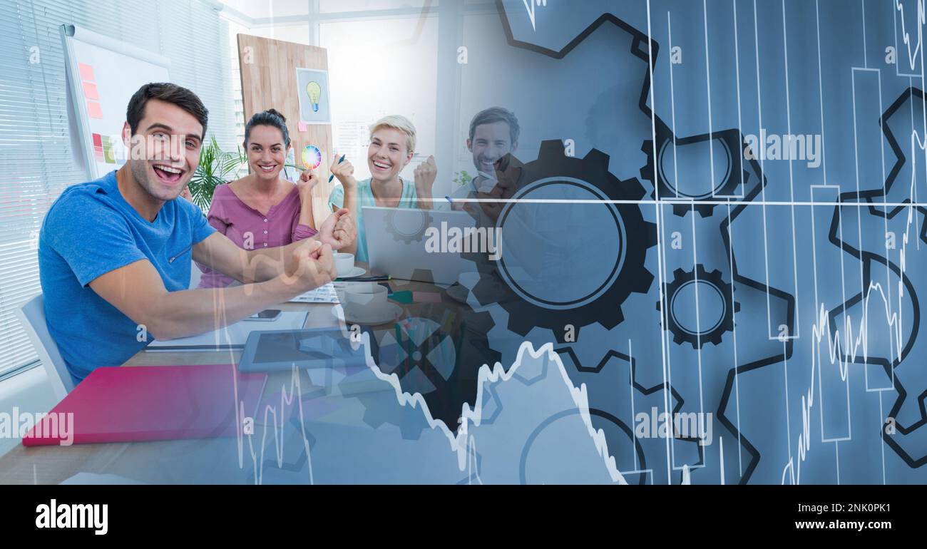 Composition of happy diverse business team in meeting over interface ...