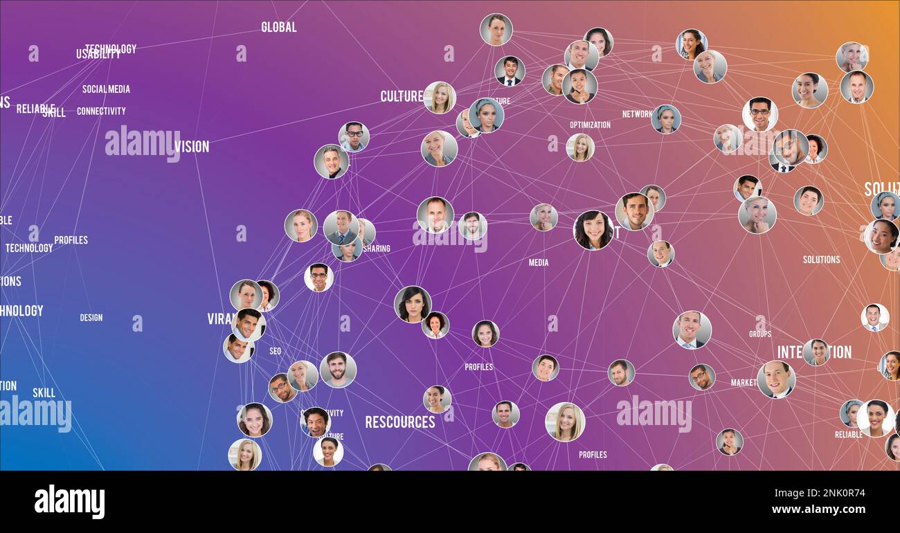 Composition of people's photographs, business text with network of ...