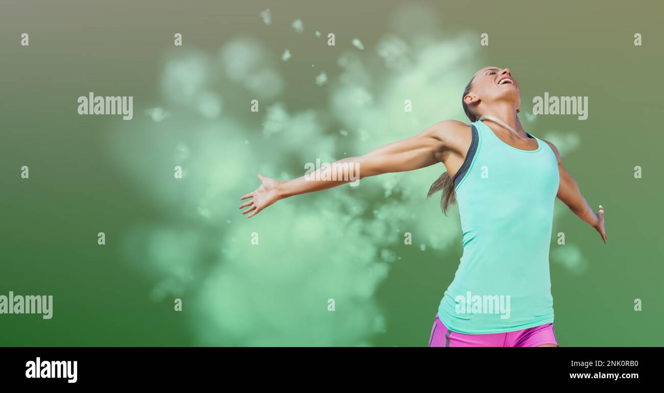 Composition of smiling fit caucasian female athlete celebrating win ...