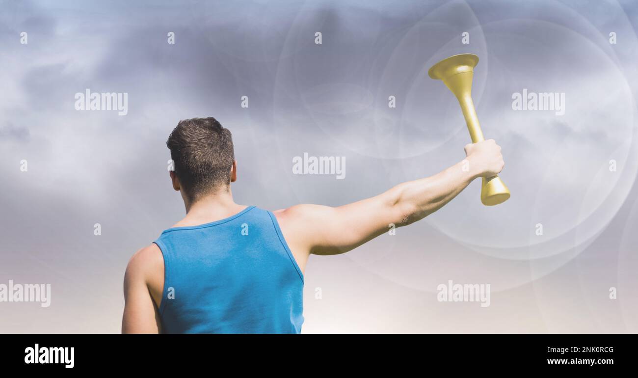Composition of caucasian male athlete holding cup in air celebrating ...