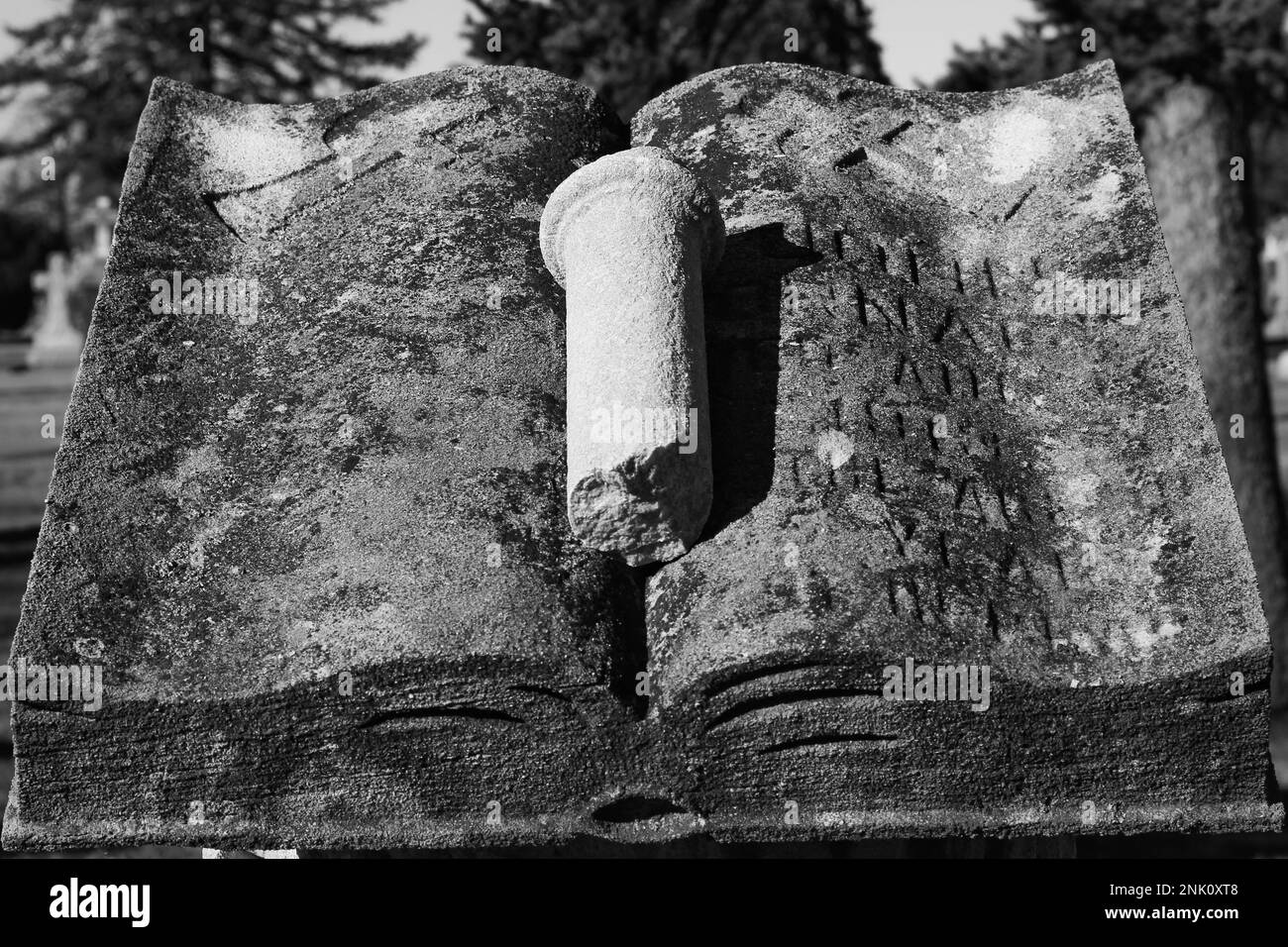 A vintage traditional open book carved out of natural stone in a black ...