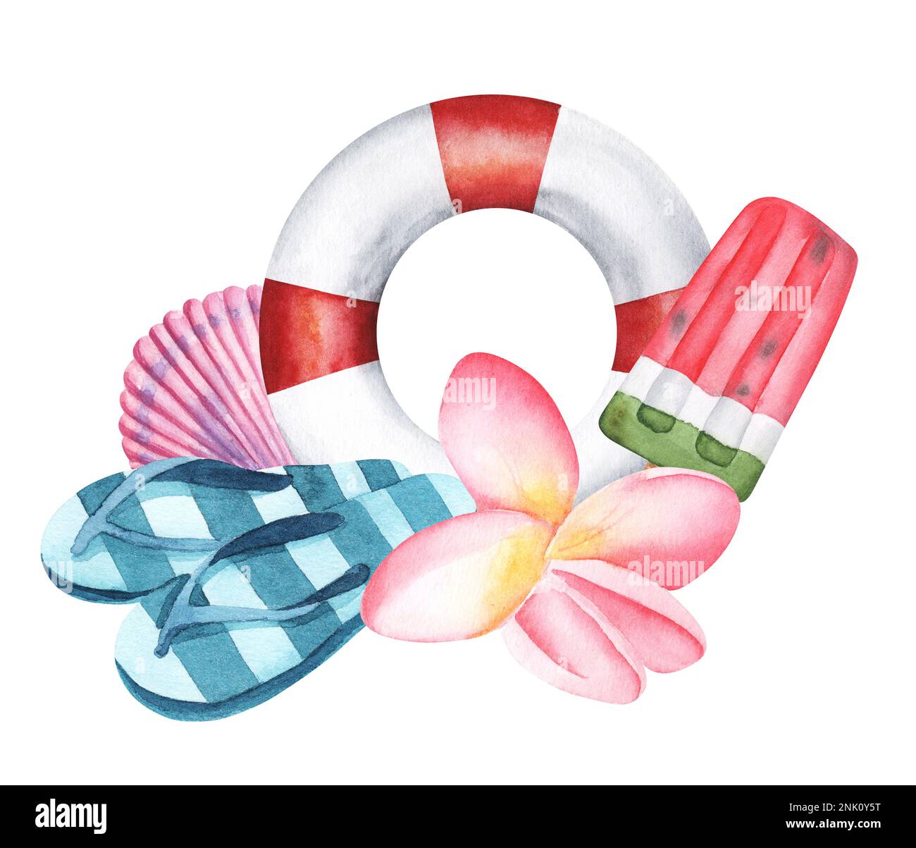 Watercolor illustration with life preserver red and white flip flops ...