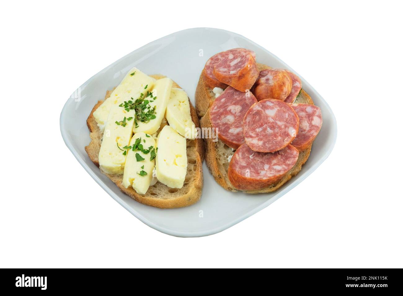 Sandwiches for breakfast. Slices of bread with sausage and soft cheese ...