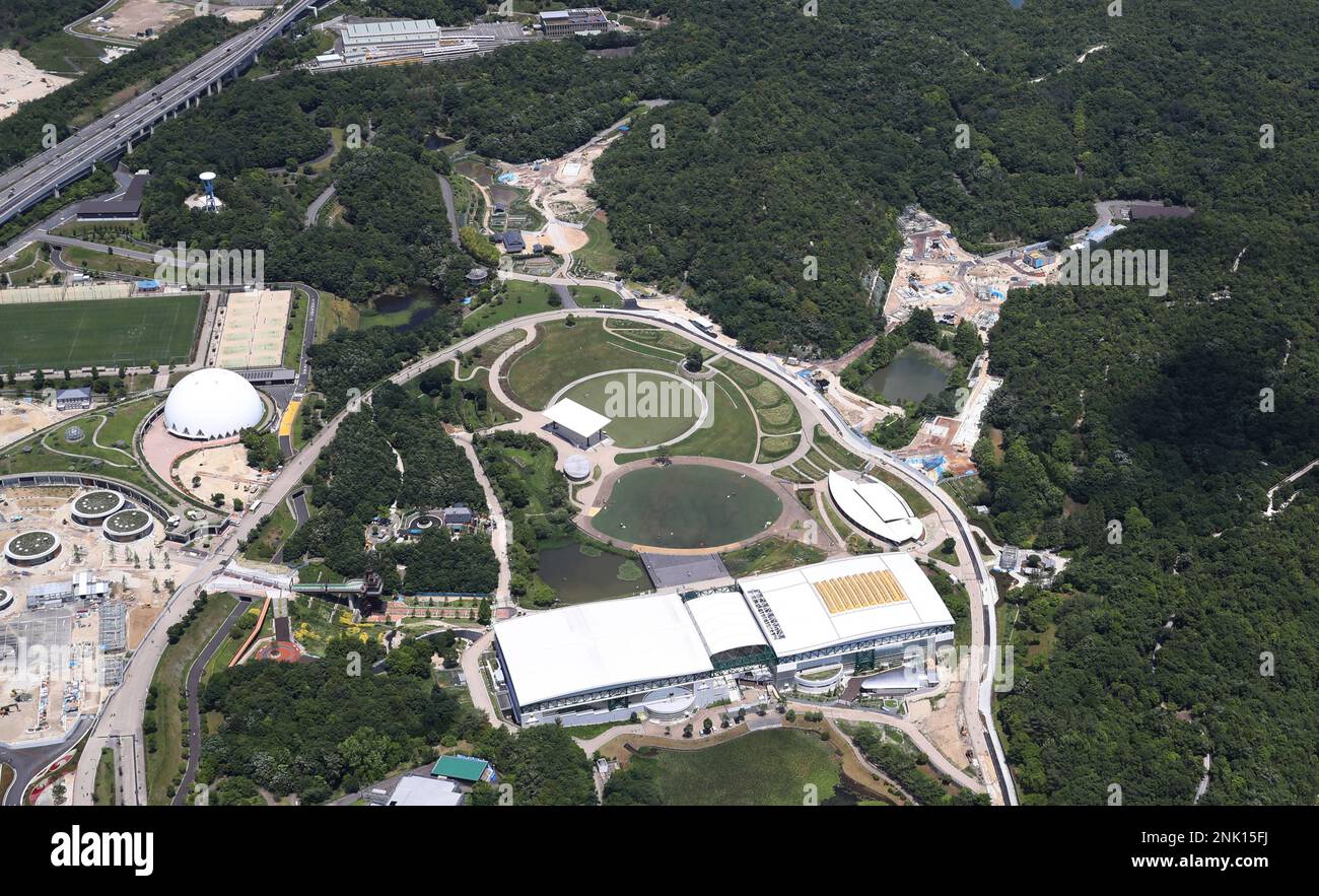 An aerial photo shows Ghibli Park under construction in Nagakute City ...