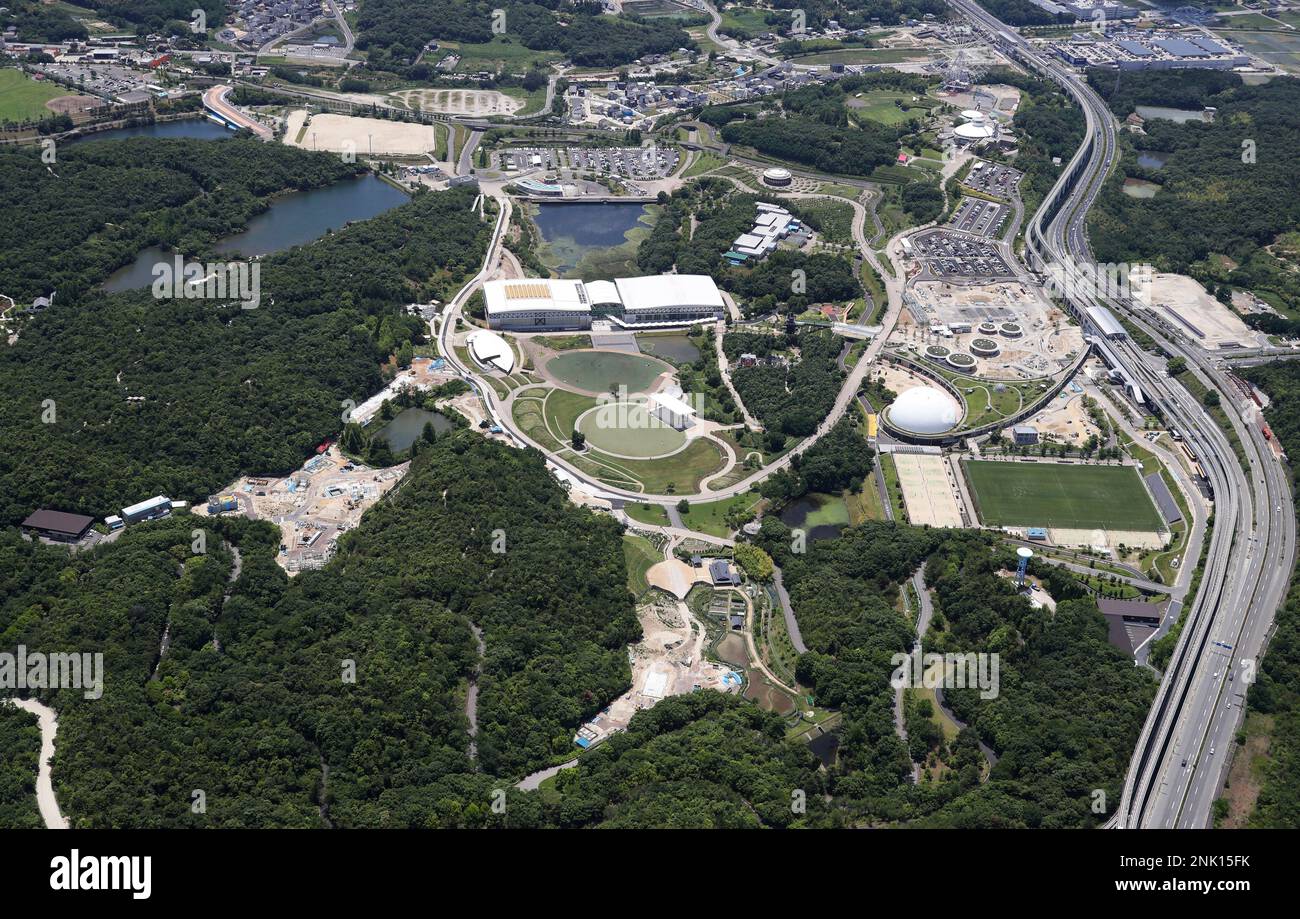 An aerial photo shows Ghibli Park under construction in Nagakute City ...