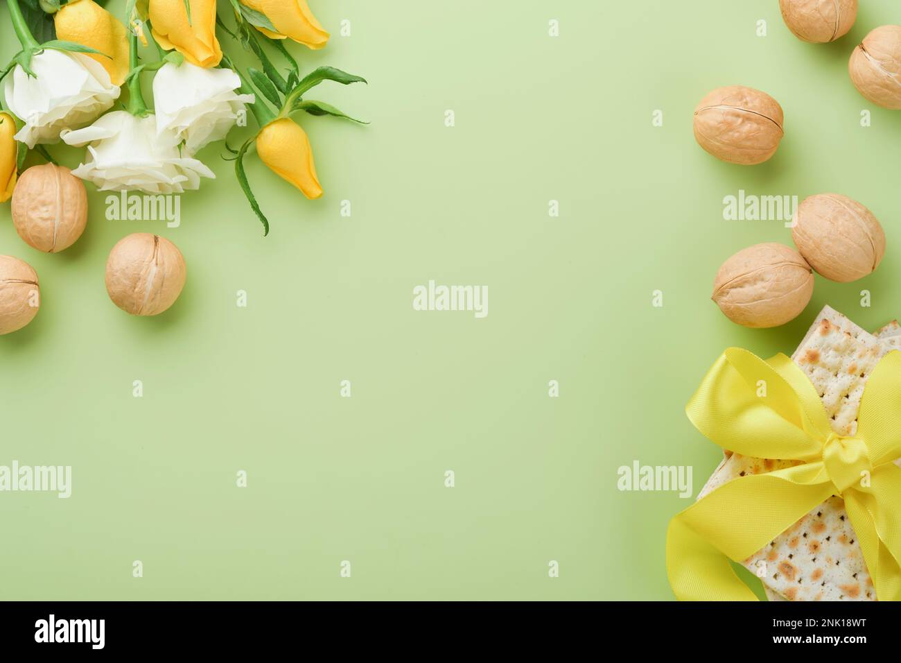 Passover celebration concept. Matzah, kosher red wine, walnut and ...